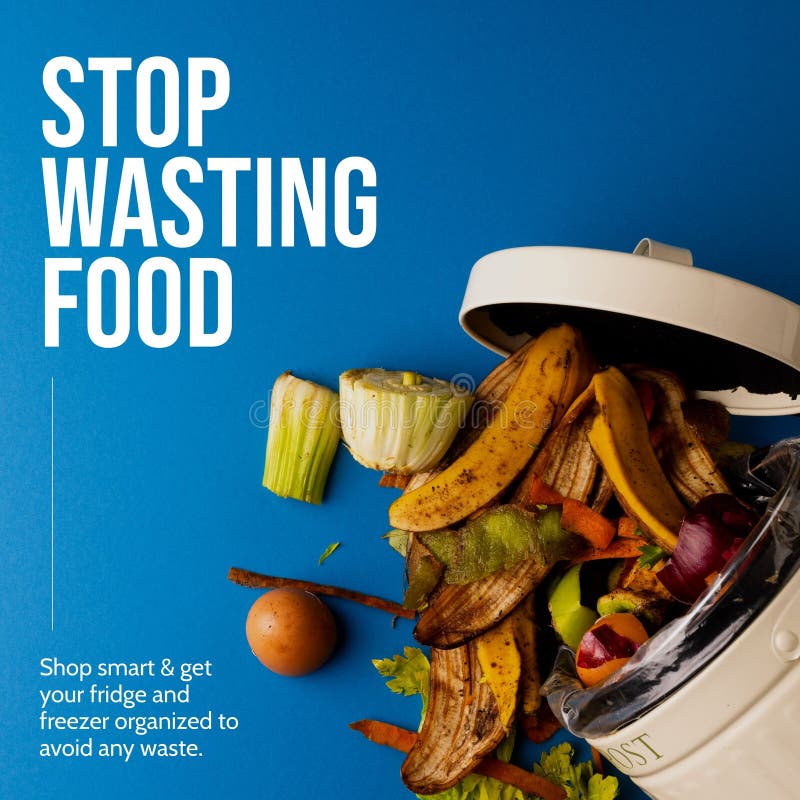 Composition of Stop Wasting Food Text Over Trash Can with Food Waste ...