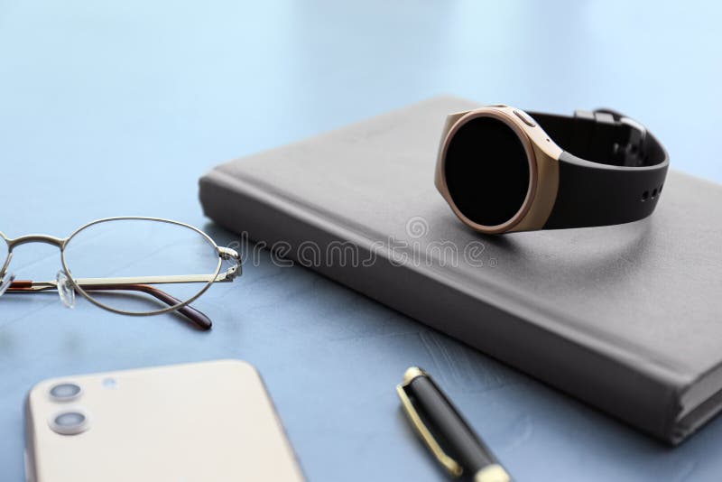 Composition with Stylish Smart Watch on Grey Stone Table Stock Photo ...