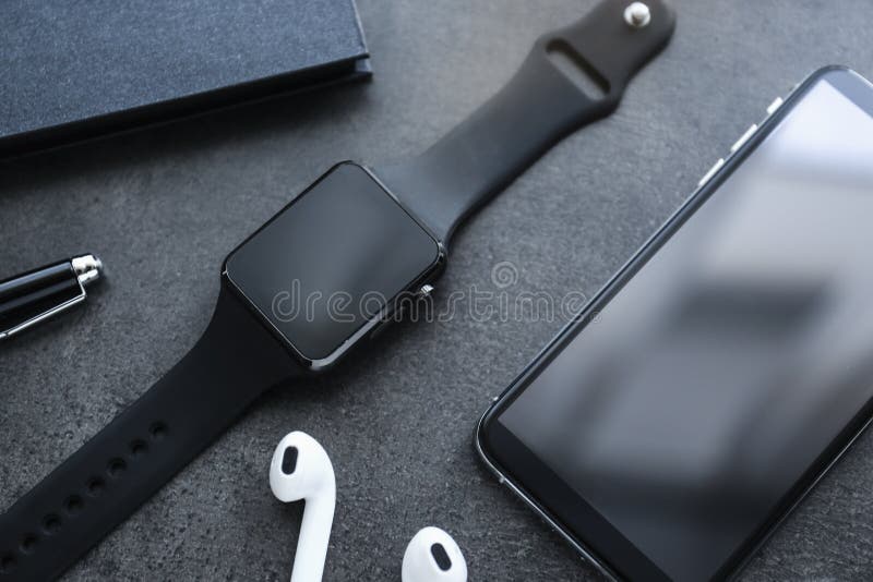 Composition with Stylish Smart Watch on Grey Table, Above View Stock ...