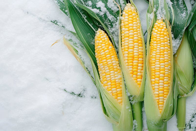 Composition of Sweet Corn on a Background of Green Leaves. it is ...