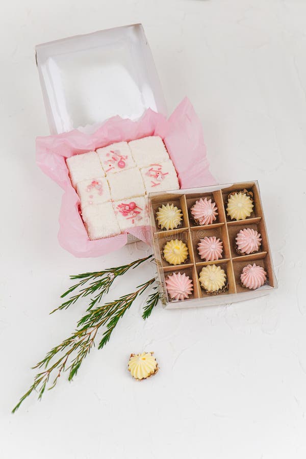 Composition of Sweets Packed in Boxes Three in a Row. Top View Stock ...