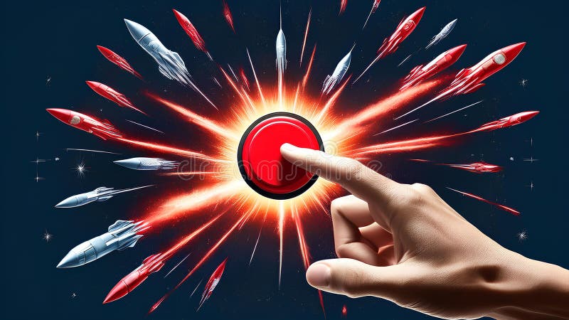An Artistic Collage Depicting a Hand Pressing a Red Button Surrounded ...