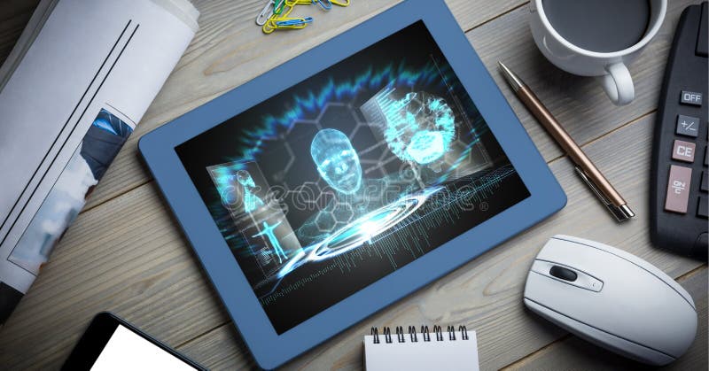 Composition of Tablet on Office Desk with Virtual Medical Research Data ...