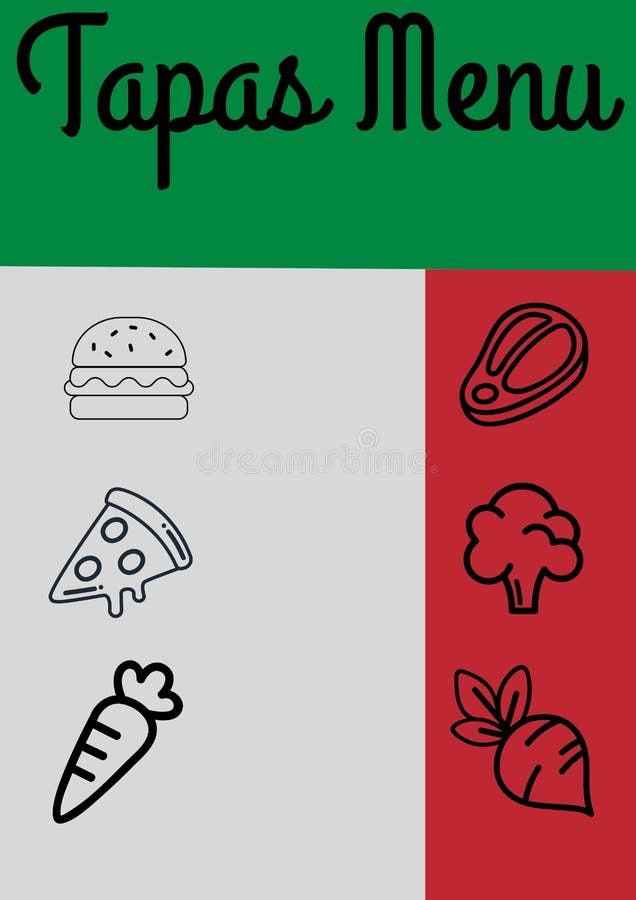 Composition of Tapas Menu Text and Fast Food and Vegetables Icons on ...