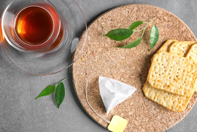 Composition with Tasty Tea and Crackers on Table Stock Photo - Image of ...