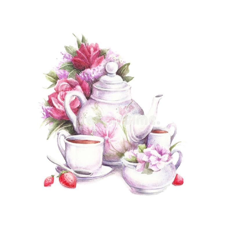 Composition with Tea and Flowers. Hand Draw Watercolor Illustration ...