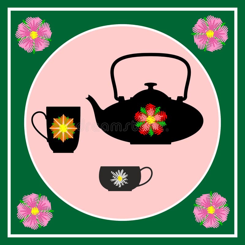 Composition with Teapot and Two Cups on Round Tablecloth. Vector ...