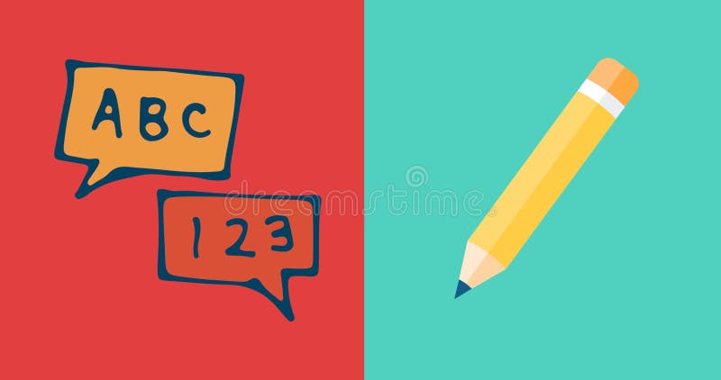 Composition of Text Abc and 123 in Speech Bubbles on Red, and Yellow ...