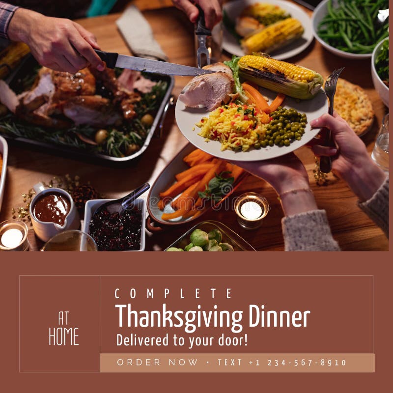 Composition of Thanksgiving Dinner Text Over Caucasian Family Having ...