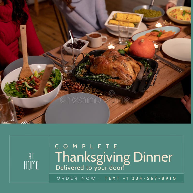 Composition of Thanksgiving Dinner Text Over Family Having Dinner Stock ...