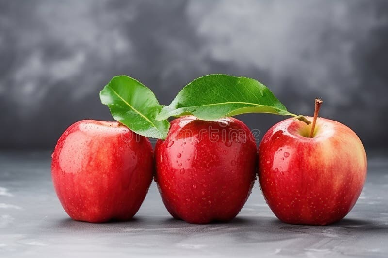 Three Apples with Leaves on Table, Dark Background Stock Illustration ...