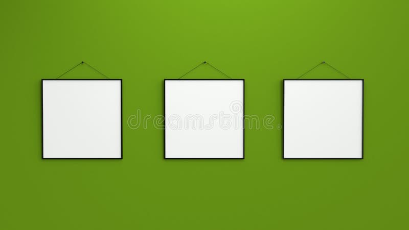 Composition of Three Black Blank Photo Frames on Green Wall 3d Render ...