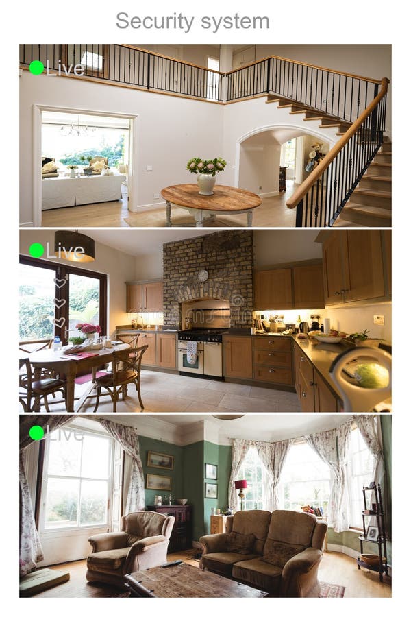 Composition of Three Security Camera Screens with Live Text and House ...