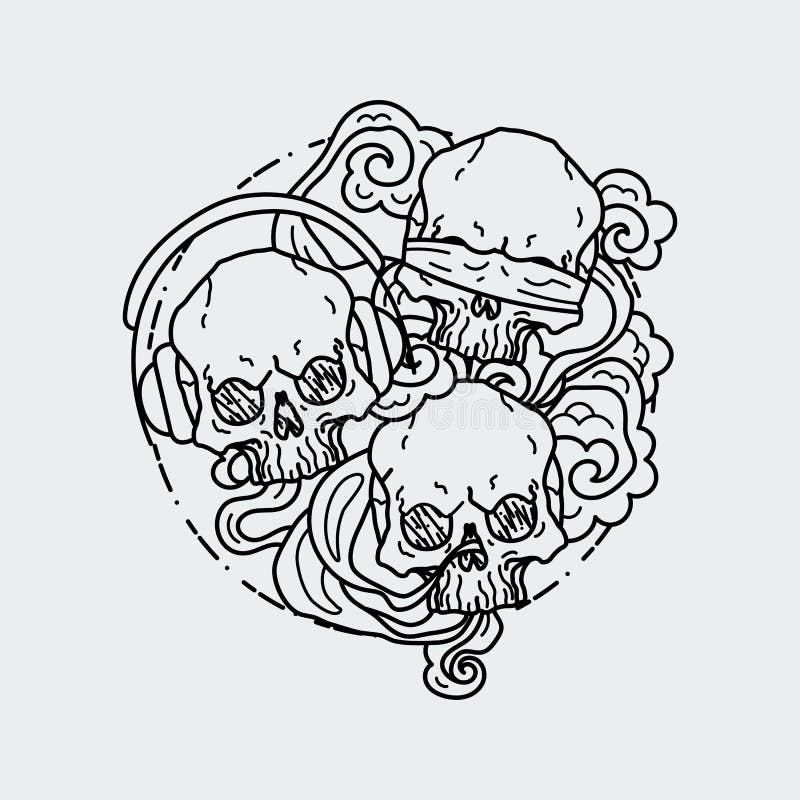 Composition of Three Skulls. Vector Illustration of Black and White ...