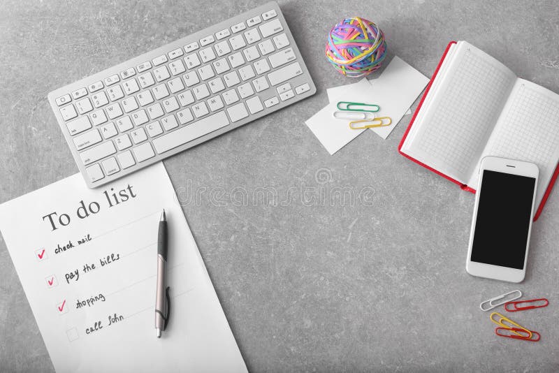 Composition with To-do List and Computer Keyboard on Grey Background ...