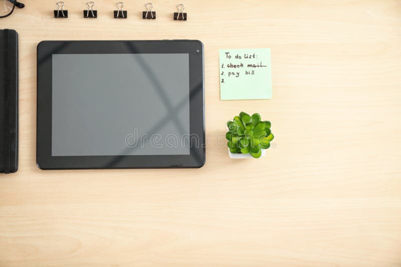 Composition with To-do List and Tablet on Wooden Background Stock Image ...