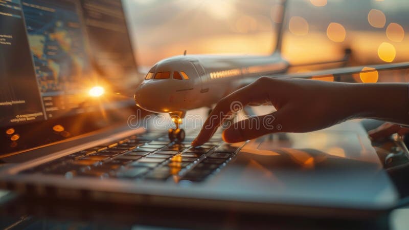 Composition with Toy Plane and Laptop on Table. Travel and Information ...