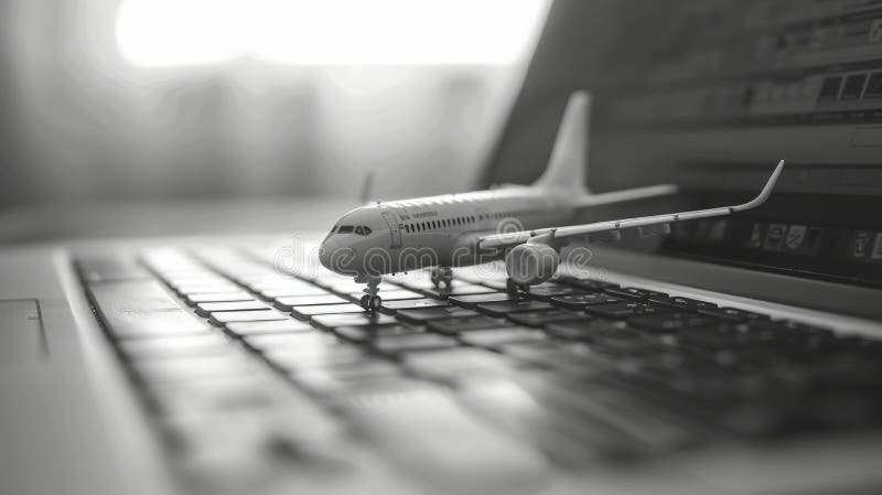 Composition with Toy Plane and Laptop on Table. Travel and Information ...