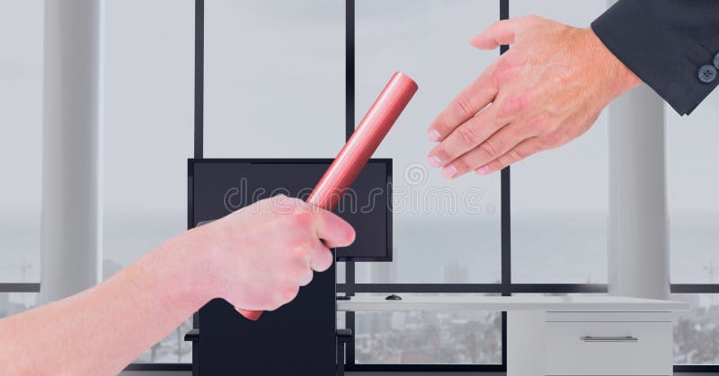 Composition of Two People Passing Red Relay Baton Over Empty Office in ...