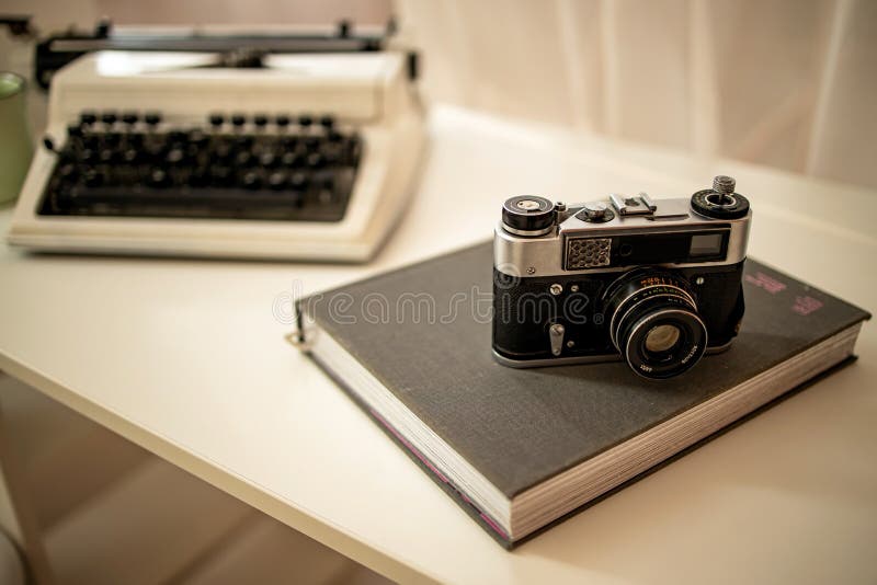 Composition of Typewriter and Vintage Camera Stock Image - Image of ...