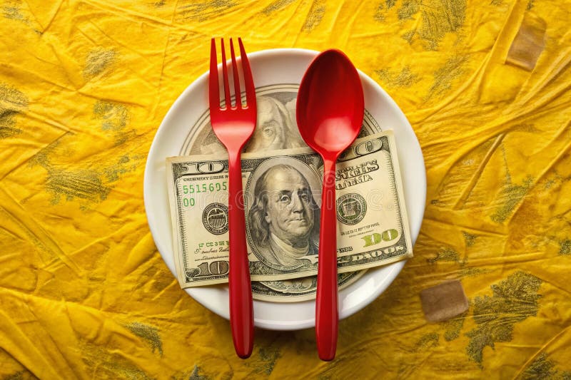 A Composition of Utensils Currency and a Plate on a Yellow Background a ...