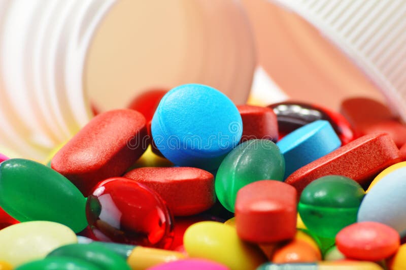 Composition with Variety of Drug Pills and Container Stock Photo ...