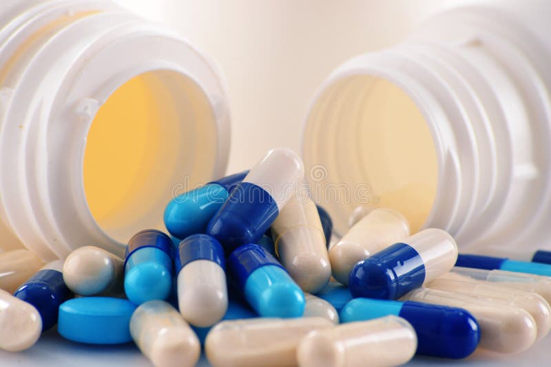 Composition with Variety of Drug Pills and Container Stock Image ...
