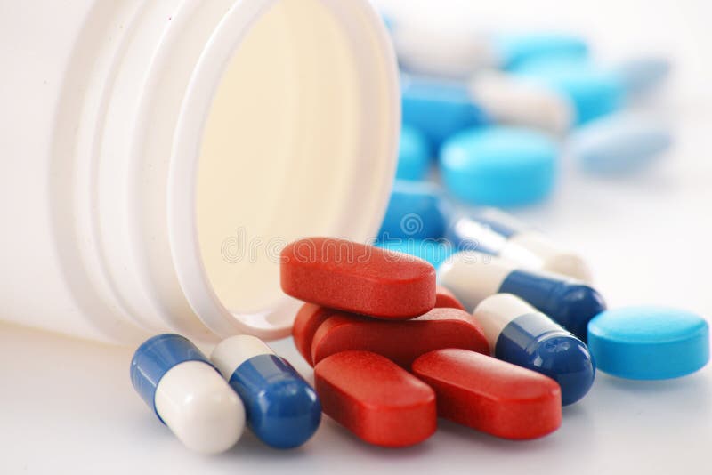 Composition with Variety of Drug Pills and Container Stock Photo ...