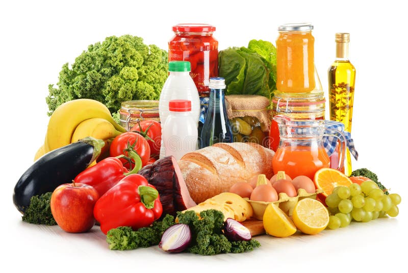 Composition with Variety of Grocery Products on White Stock Photo ...