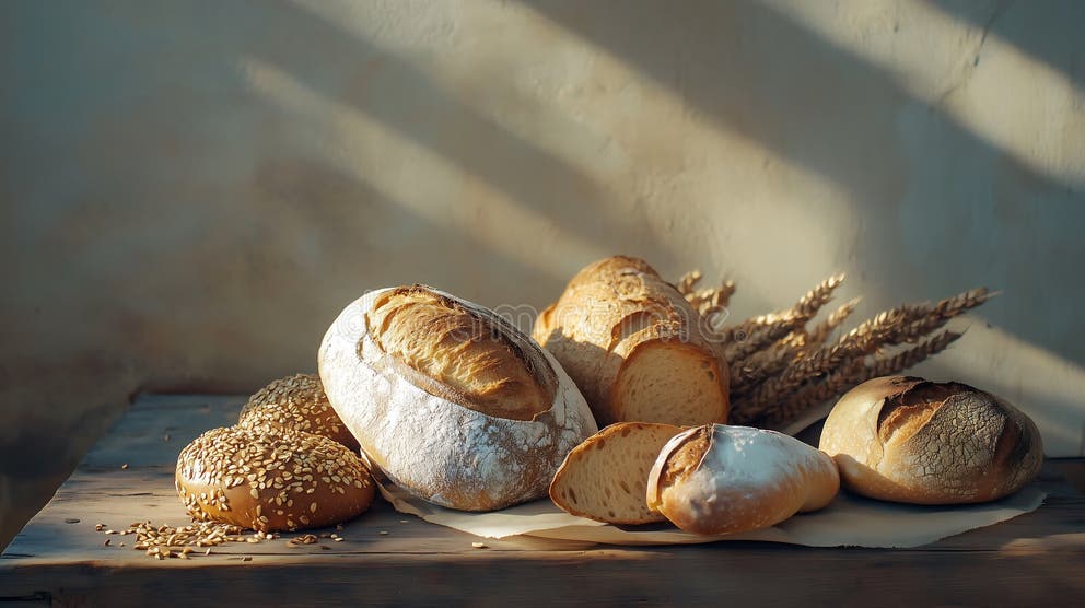 Composition of Various Breads on Wooden Cutting Board, Natural Rustic ...