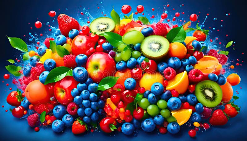 Composition of Various Bright Fruits and Berries with Explosion Effect ...