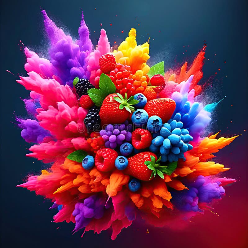 Composition of Various Bright Fruits and Berries with Explosion Effect ...
