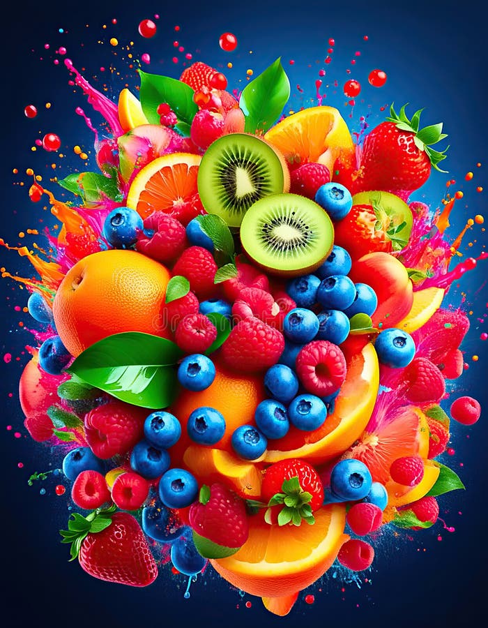 Composition of Various Bright Fruits and Berries with Explosion Effect ...