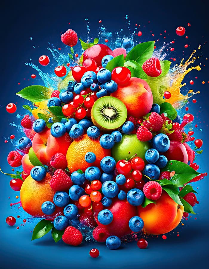 Composition of Various Bright Fruits and Berries with Explosion Effect on Blue Background. AI ...