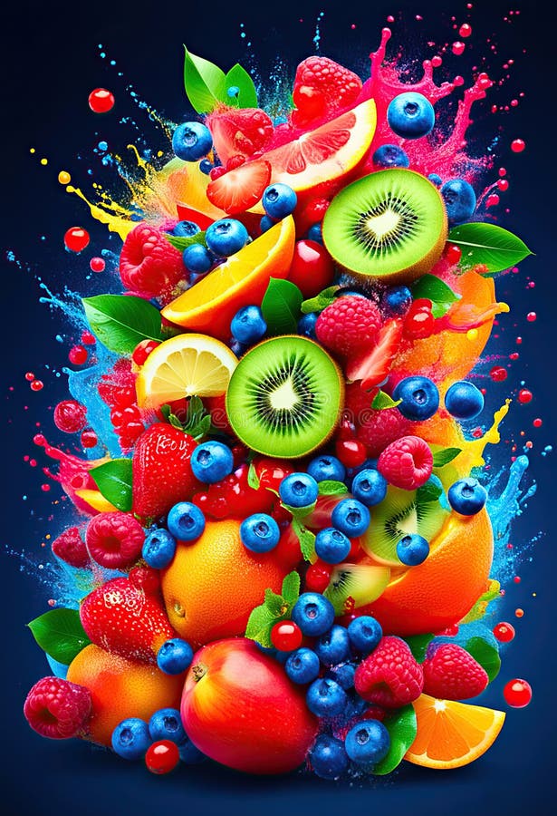 Composition of Various Bright Fruits and Berries with Explosion Effect ...