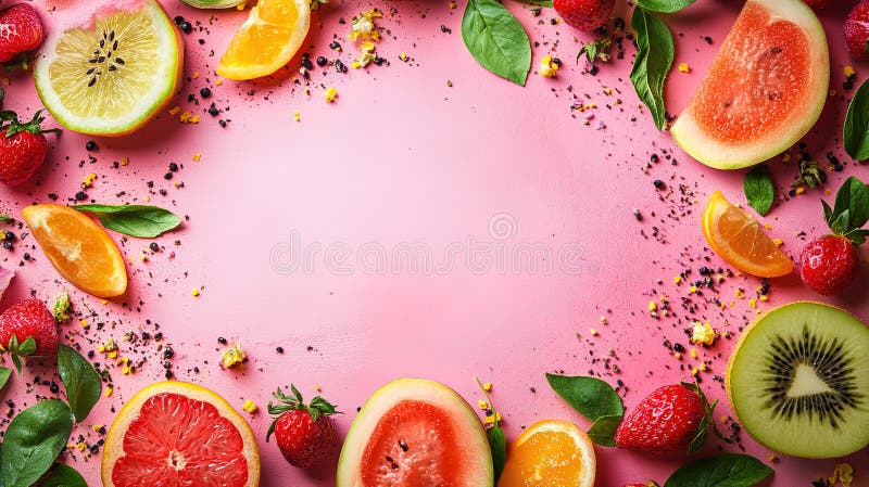 Composition of Various Fruits on a Pink Background Stock Illustration ...