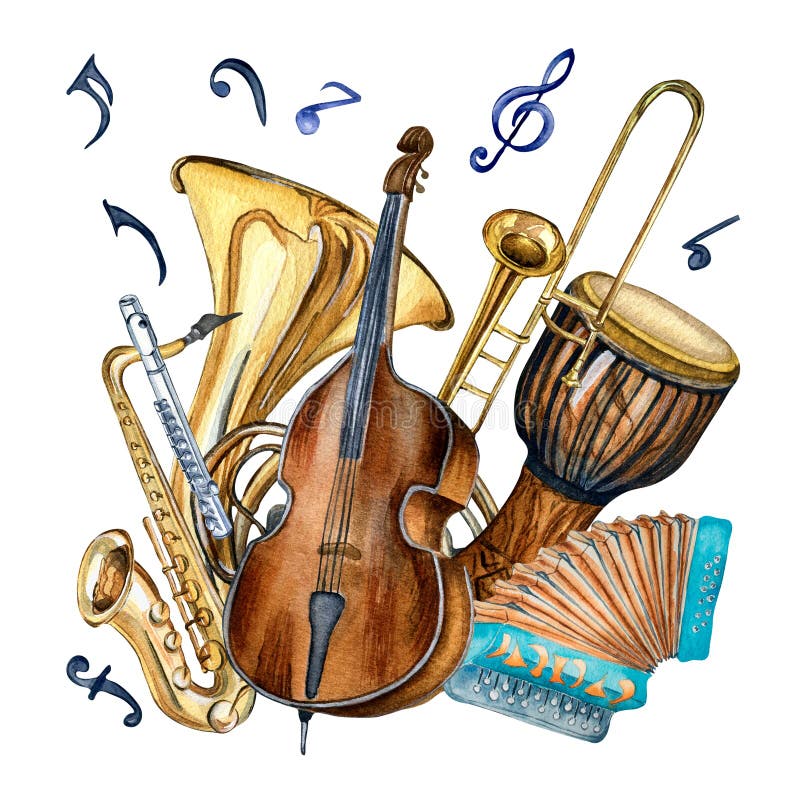 Composition of Variouse Musical Instruments and Symbol Watercolor ...