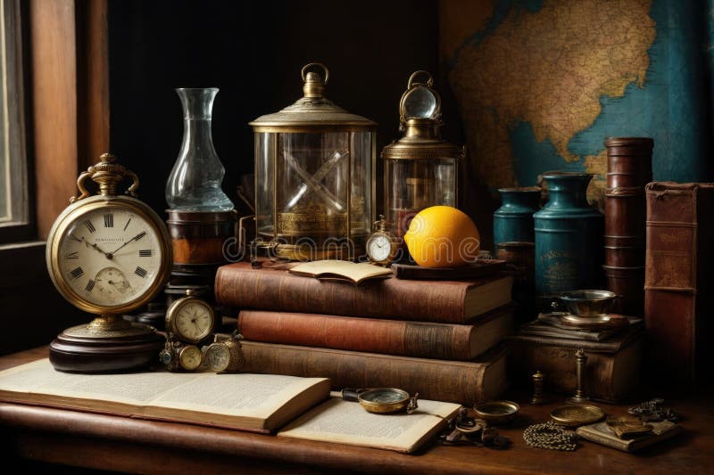 A Composition of Vintage Objects Such As Old Books, Pocket Watches, and ...