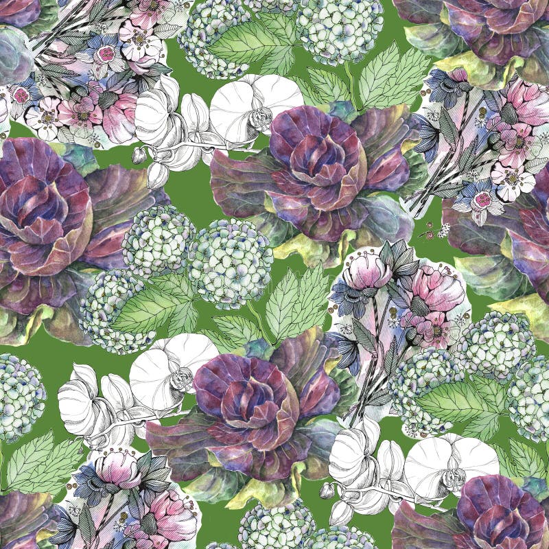 Composition from Watercolor Flowers with Cabbage. Illustration for ...