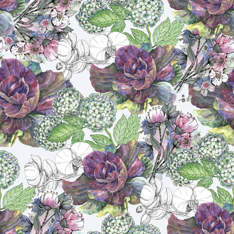 Composition from Watercolor Flowers with Cabbage. Illustration for ...