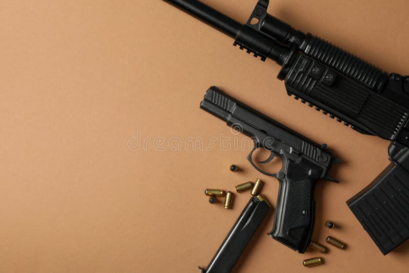 Composition with Weapon on Beige Background Top View Stock Image ...