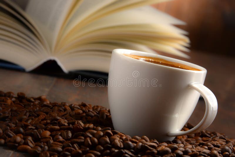 Composition with White Cup of Coffee and Open Book Stock Image - Image ...