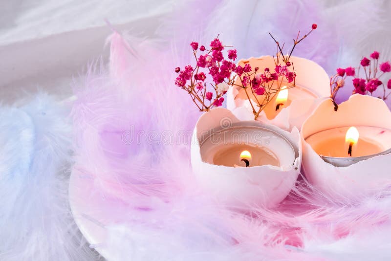 Composition of White Egg Shell with Candle Inside. Candle Light. Bright ...