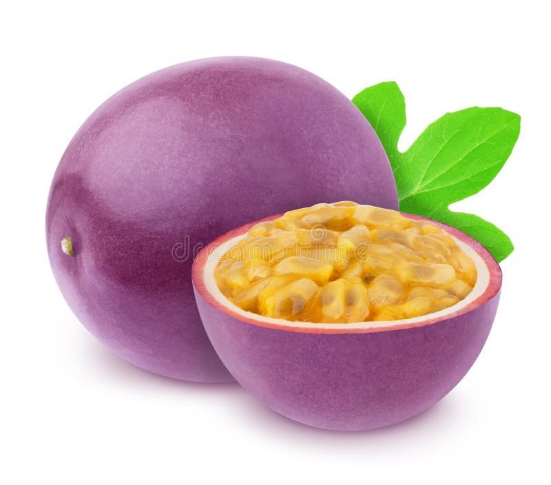 Composition With Whole And Cutted Passion Fruits With Leaves Isolated
