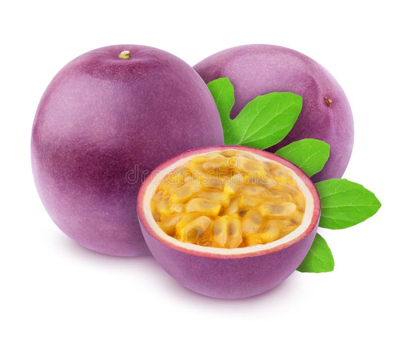 Composition With Whole And Cutted Passion Fruits With Leaves Isolated