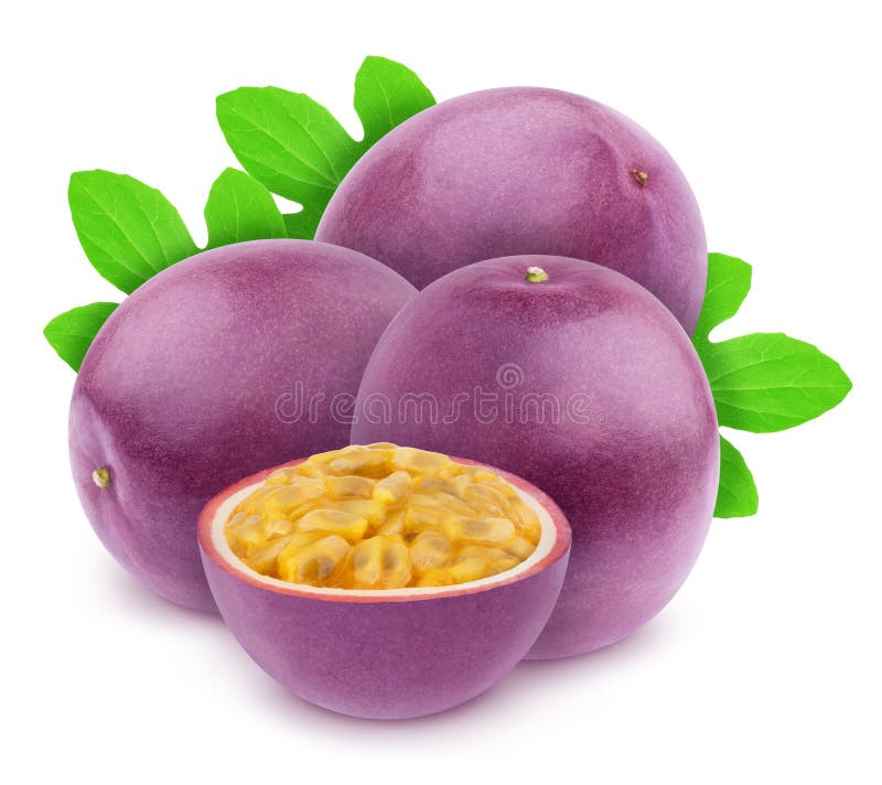 Composition With Whole And Cutted Passion Fruits With Leaves Isolated