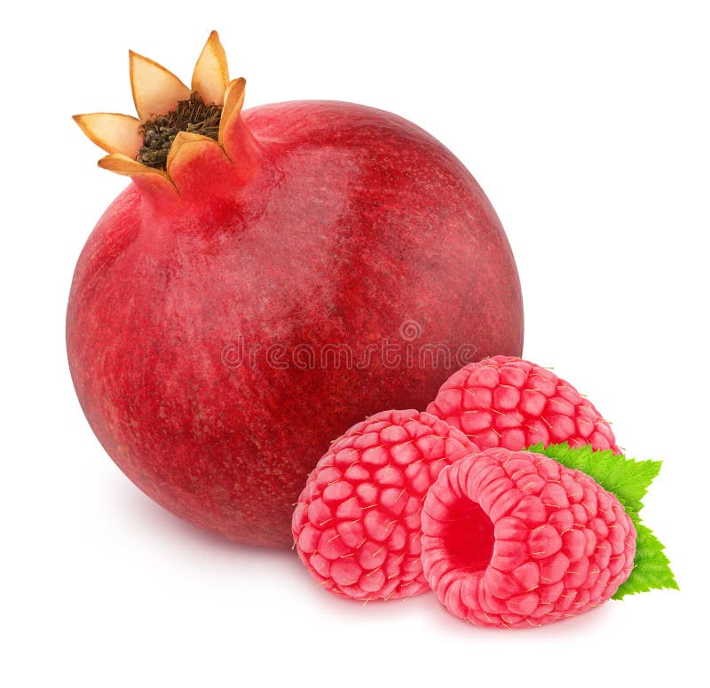 Composition with Whole Pomegranate and Raspberry with Leaves Isolated ...