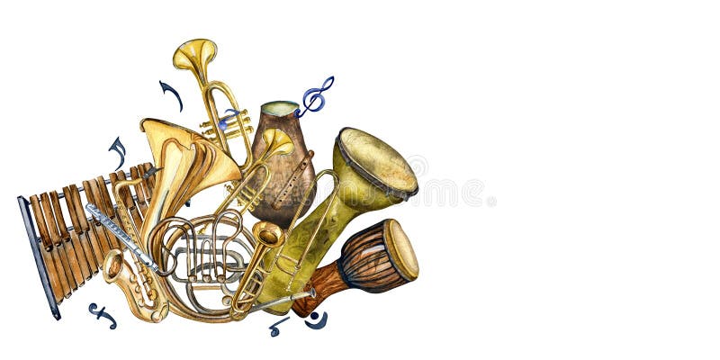 Composition of Wind Musical Instruments and Drums Watercolor ...