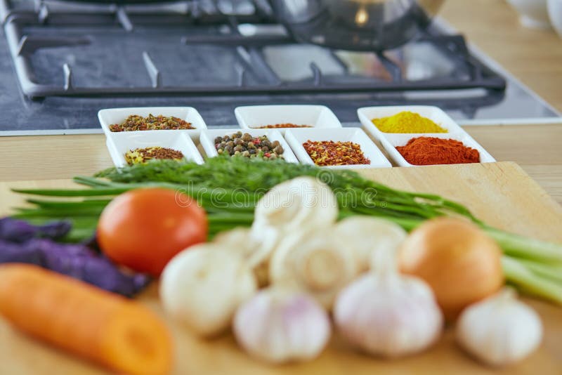 Composition with Wooden Board and Ingredients for Cooking on Table ...
