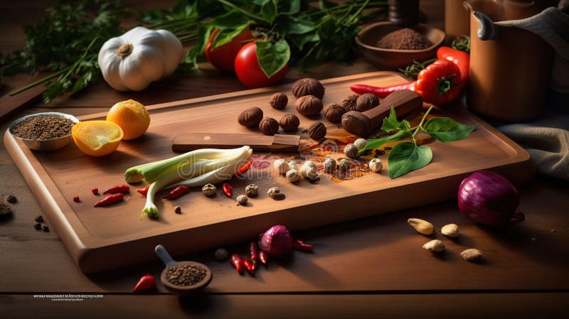 Composition with Wooden Board and Ingredients for Cooking on Table, AI ...